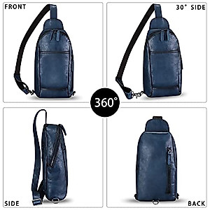 FEIGITOR Genuine Leather Sling Bag Handmade Retro Crossbody Sling Backpack Purse Chest Shoulder Hiking Daypack Fanny Pack (Blue)