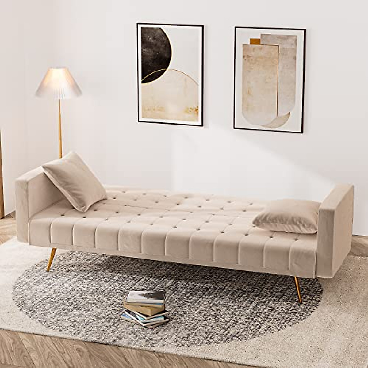 OUYESSIR Velvet Futon Sofa Bed with 2 Pillows, Convertible Futon Couch, Sturdy Sleeper Sofa in 71 inch, Small Futon Sofas (Beige)