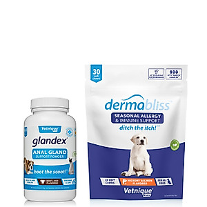 Vetnique Labs Glandex Dog Anal Gland Fiber Supplement Beef Powder (4oz) & Dermabliss Dog Allergy Itch Relief Soft Chews (30ct) Bundle