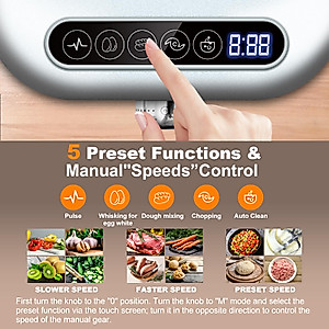 Homtone 16 Cup Food Processor, Aluminum-Diecast Food Processors, 5 Preset Modes Vegetable Chopper Electric, 8 Blades 11 Functions for Home Use, Stepless Speed Control, 650W, Sliver