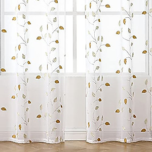 Fragrantex White and Yellow Sheer Curtains for Bedroom 95 inch Long 2 Panels Floral Embroidered Gold Leaf Silver Patterned Curtains & Drapes 3" Rod Pocket Window Treatment Set,38" Wx95 L