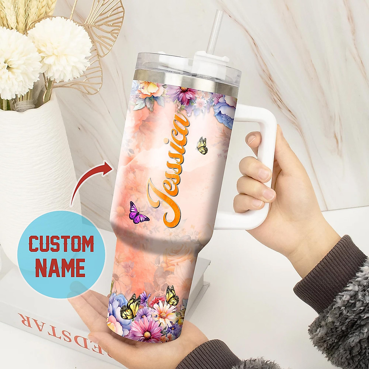 WAZONE Personalized Black Girl 40oz Tumbler with Handle and Straw Lid Melanin Insulated Cup Custom Name Stainless Steel Travel Coffee Mug Birthday Christmas African Gifts For Women Afro Girls