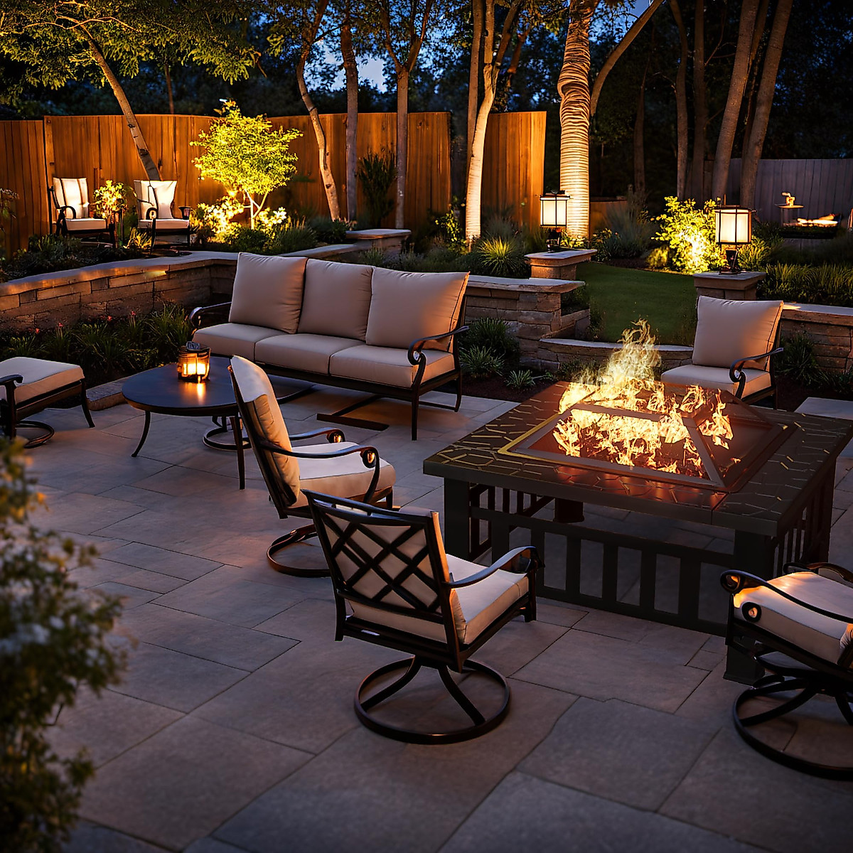 Greesum Multifunctional Patio Fire Pit Table, 32in Square Metal BBQ Firepit Stove Backyard Garden Fireplace with Spark Screen Lid and Rain Cover for Camping, Outdoor Heating, Bonfire, Dark Black