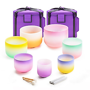 440HZ 6"-12" Set of 7 PCS Frosted Quartz Color Crystal Singing Bowl Set Sound Healing Instrument with Singing Bowl Mallet Suede Strikers Heavy Duty Carrying Cases