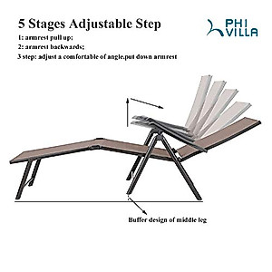 PHI VILLA 5 Stages Adjustable Patio Folding Lounge Chair Metal Outdoor Sling Fabric Recliner Chaise for Beach Yard Pool, 2 Pack,Brown