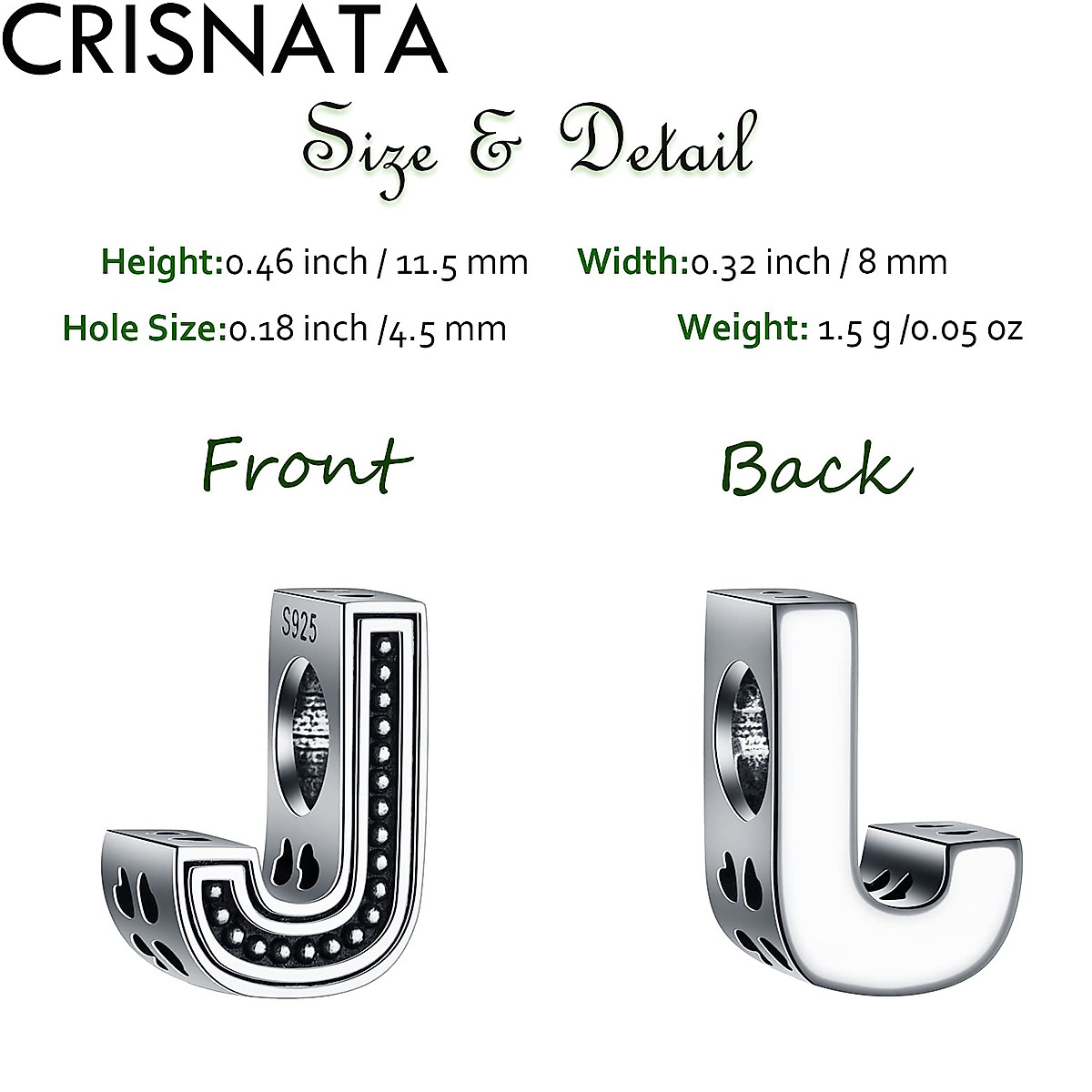 Letter J Charms, Initial J Alphabet Beads in Vintage 925 Sterling Silver, fits Pandora Women Charm Bracelet, Gift for Birthday/Children/Friends