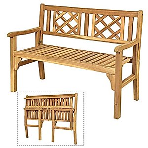 Giantex Patio Wooden Bench, 4 Ft Foldable Acacia Garden Bench, Two Person Loveseat Chair with Curved Backrest and Armrest Ideal for Patio, Porch or Balcony (Teak)