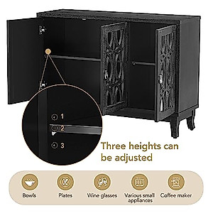 Voohek Glass Mirrored Doors and Adjustable Shelf, Buffet Cabinet with Drop-Shaped Silver Handle for Living, Hallway, Dining Room, Black Sideboard