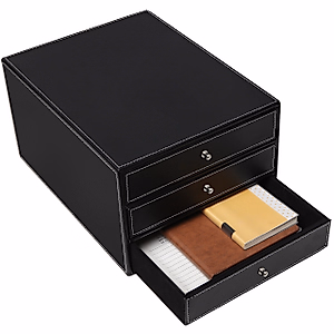MyGift Executive 3-Drawer Leatherette Document Holder - Office Desk Filing Storage Box with Drawers, Black