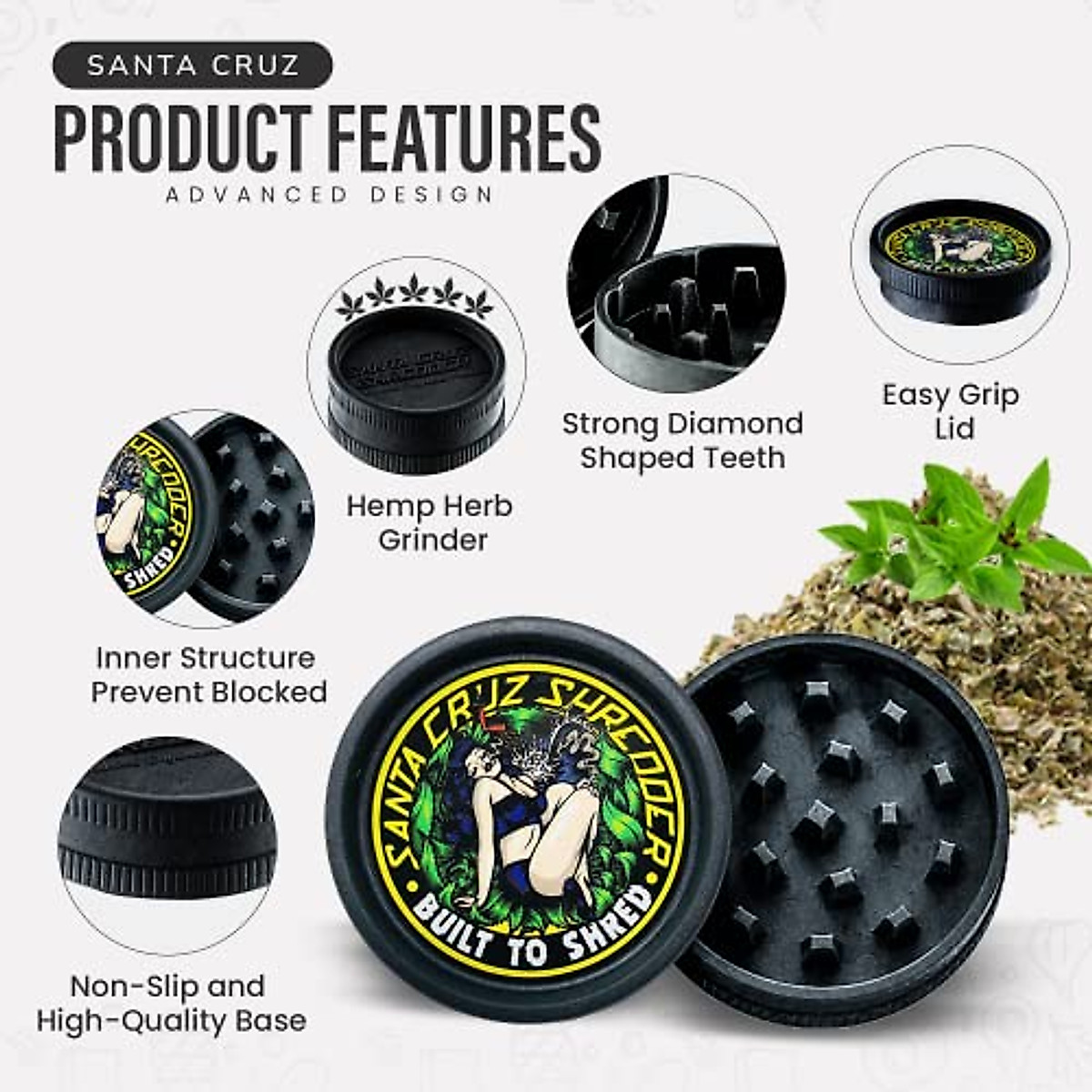 Santa Cruz Shredder Built to Shred Hemp Grinder for Herbs Knurled Top for Stronger Grip 2-Piece Medium 2.2