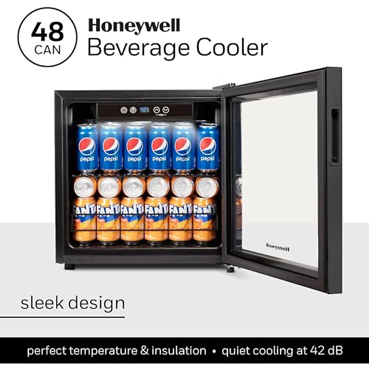 Honeywell Beverage Refrigerator and Cooler, 48 Can Mini Fridge with Glass Door for Soda Beer or Wine for Office or Bar with Adjustable Removable Shelving