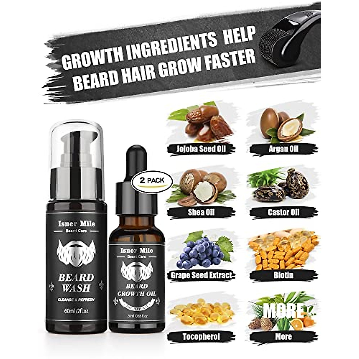 Beard Growth Kit, Beard Kit with Beard Roller, 2 Pack Beard Growth Oil,Beard Brush,Wash Conditioner for After Shave Lotions,Balm,Combs,Razor & Brush Stands Scissor, Christmas Fathers Gifts for Men