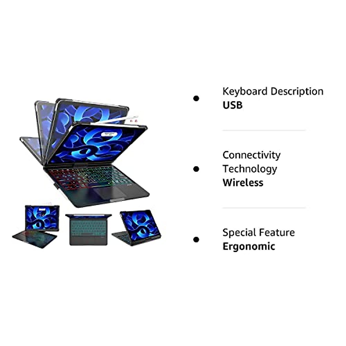 KVAGO Keyboard Case for iPad Air 5th/4th Gen 2022/2020, iPad Pro 11 inch 4th Generation 2022 / iPad Pro 11" 2021/2020/2018, Smart Trackpad, Backlight, 360° Rotatable Keyboard with Pencil Holder, Black