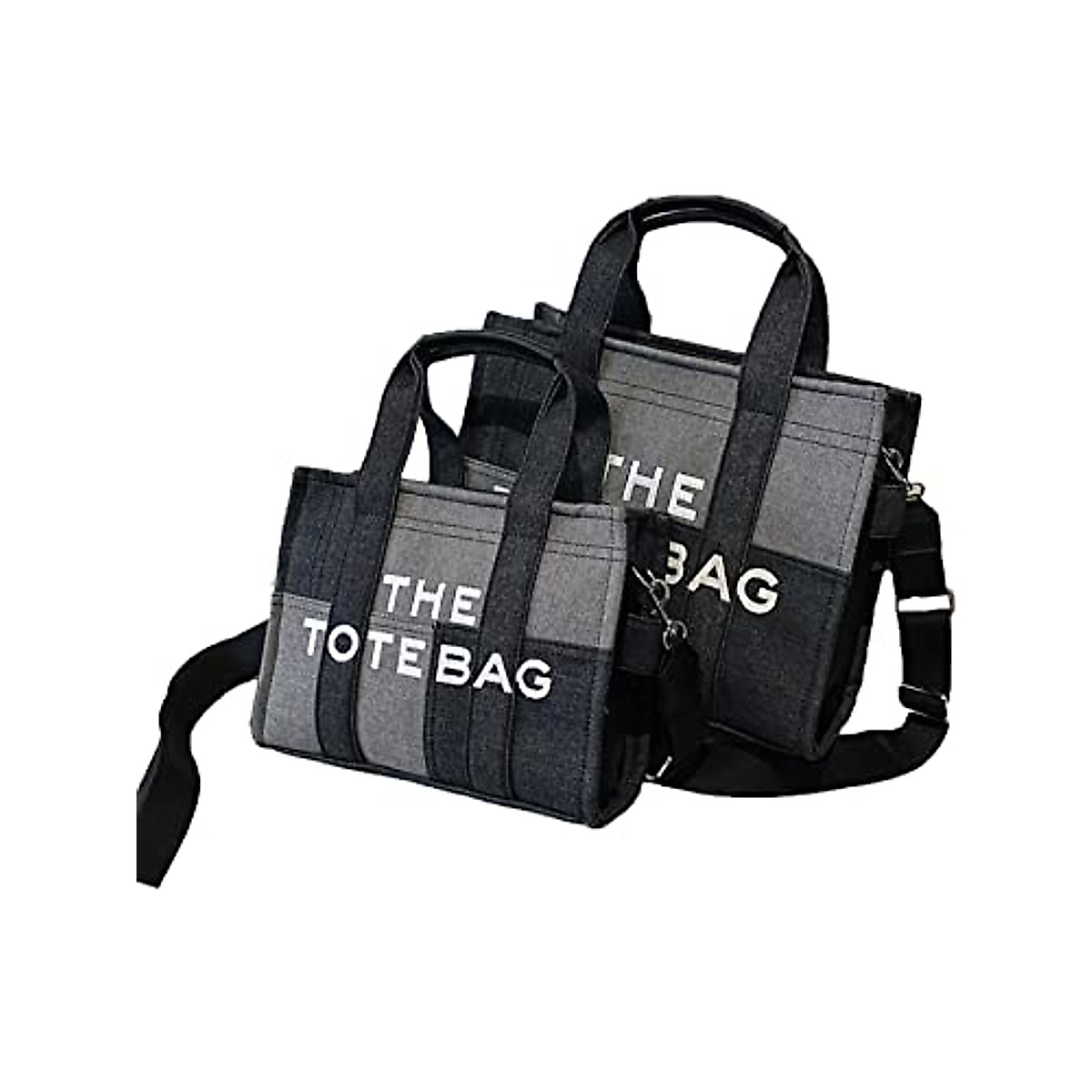 Tote Bag for Women Splicing Denim Handbag Large Capacity Trendy Canvas Crossbody Bags with Zipper Office Travel Black-Large