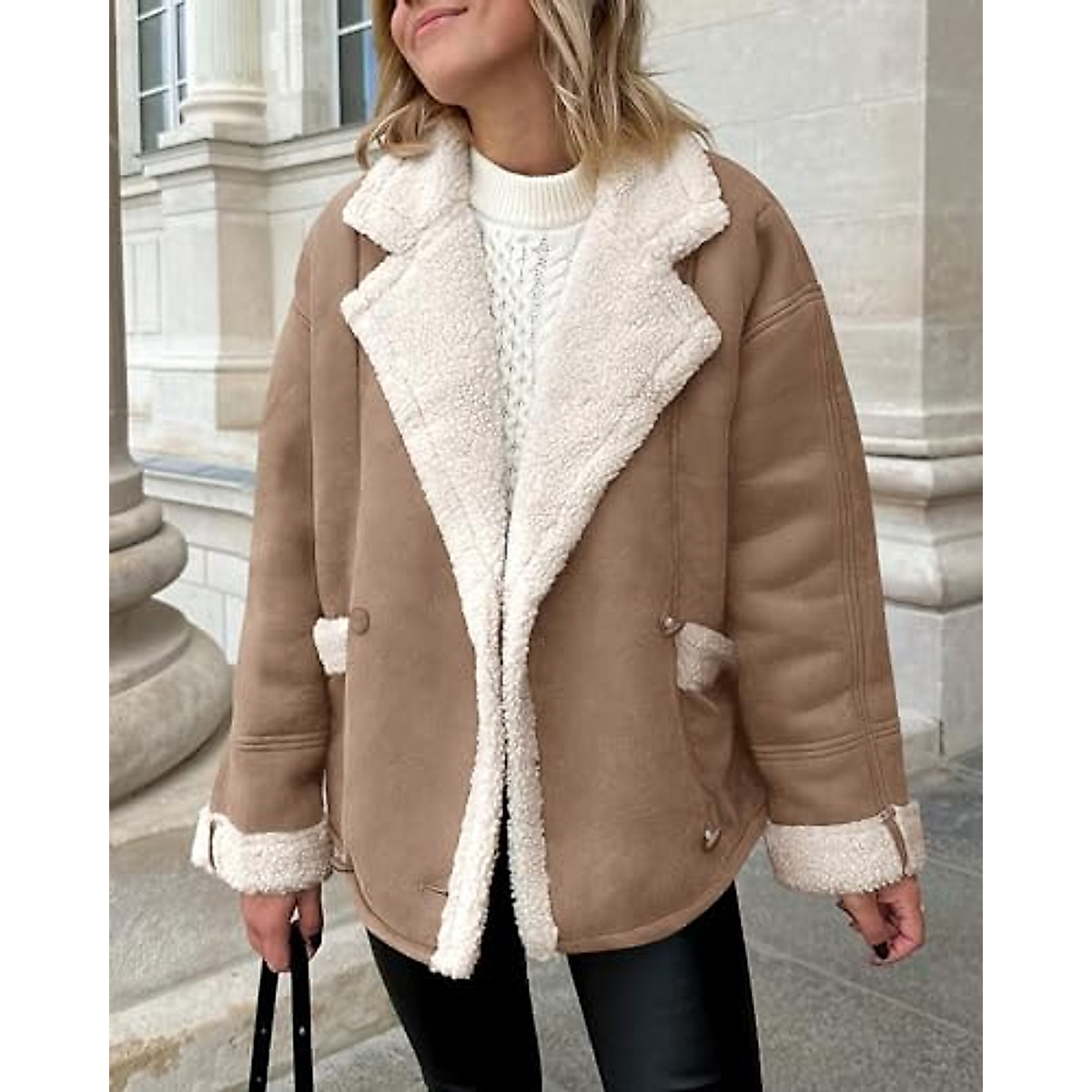 PRETTYGARDEN Womens 2024 Winter Suede Coats Fleece Sherpa Lined Jacket Faux Fur Lapel Pockets Warm Fall Fashion Outerwear (Camel,X-Large)
