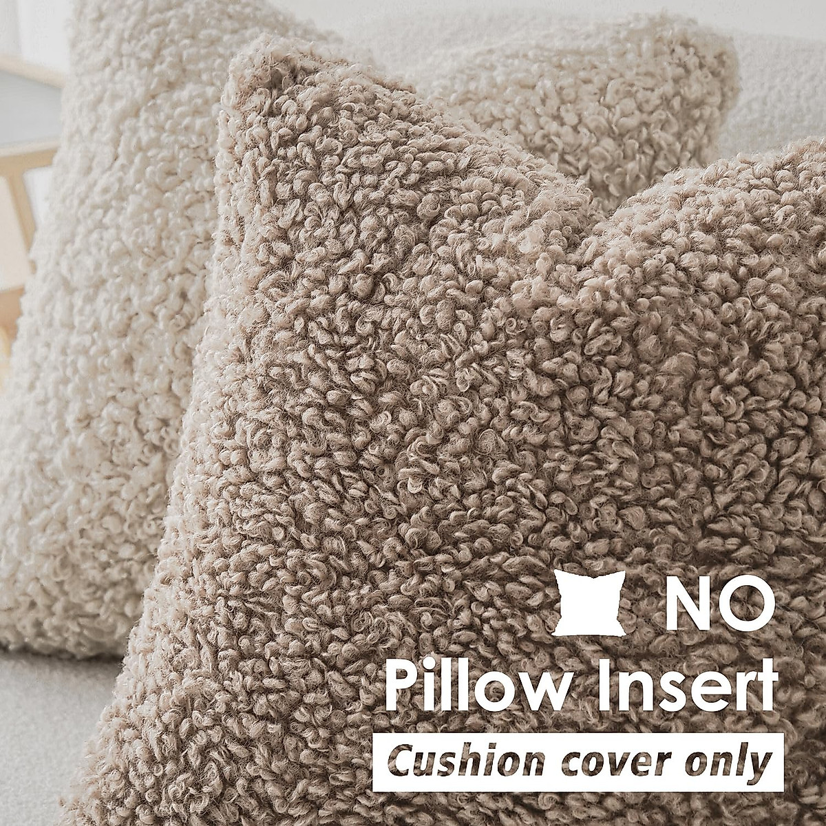 Foindtower Set of 2 Curly Teddy Wool Pillow Covers Decorative Boucle Textured Lumbar Throw Pillow Faux Fur Pillowcases Sheepskin Cushion Case for Sofa Bedroom Car 12"x20" Khaki