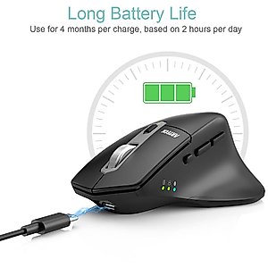Arteck Multi-Device Wireless Bluetooth Mouse with Nano USB-A, USB-C Receiver Ergonomic Right Hand Silent Clicking Rechargeable Mouse for Computer Desktop PC Laptop Mac iPad and Windows 11/10 iPad OS