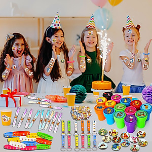 Nacipier 124PCS Bear Baby Shower Party Favor Supplies, Themed Birthday Decorations Including 12 Bracelets, 12 Keychains, 12 Button Pins, 50 Stickers, 14 Stampers, 12 Bubble Wands and Stickers