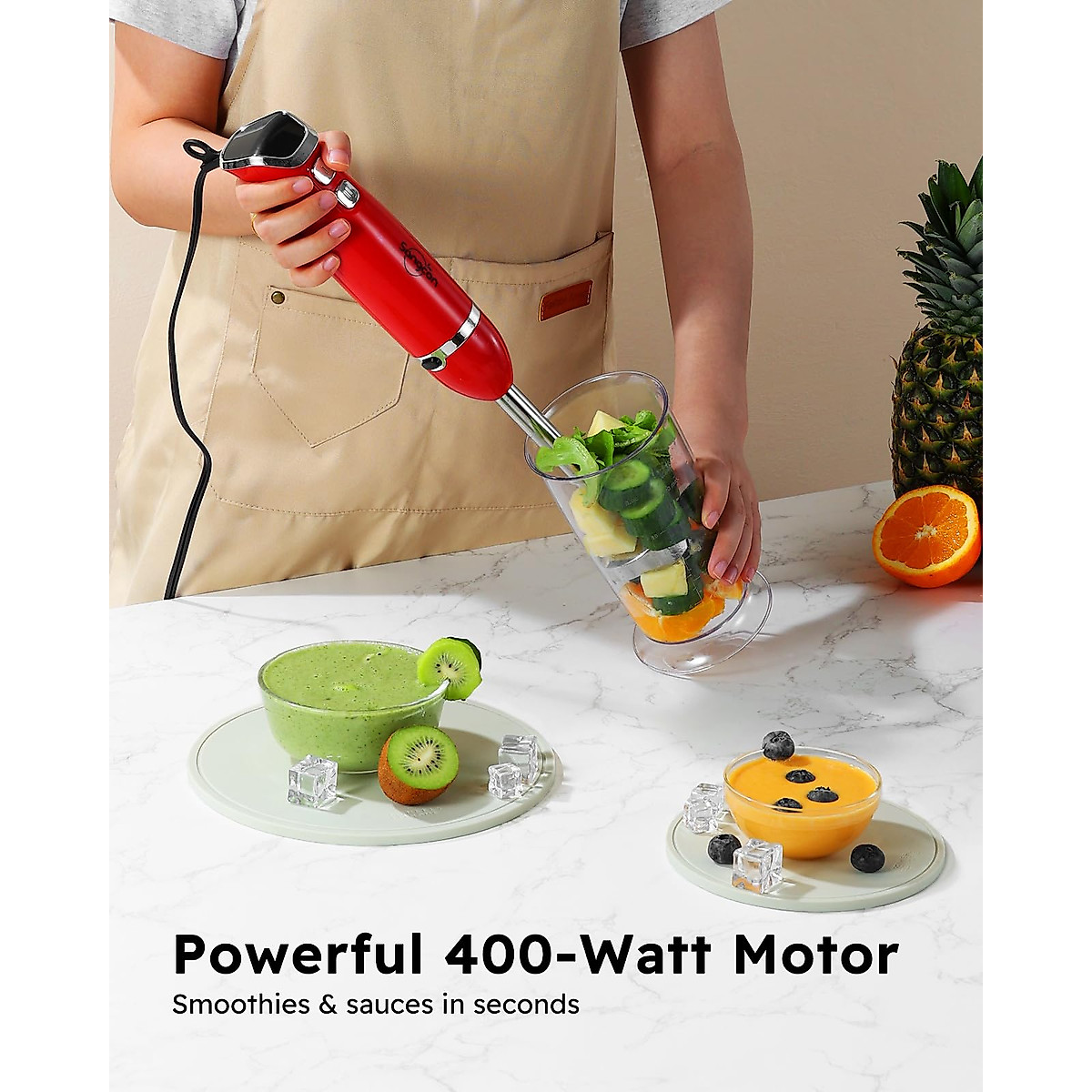 Sangcon Immersion Blender Handheld, 3-in-1 Hand Blender Electric, 400W Handheld Blender, Stainless Steel Blade Stick Blender with Whisk, Milk Frother Attachments - Red