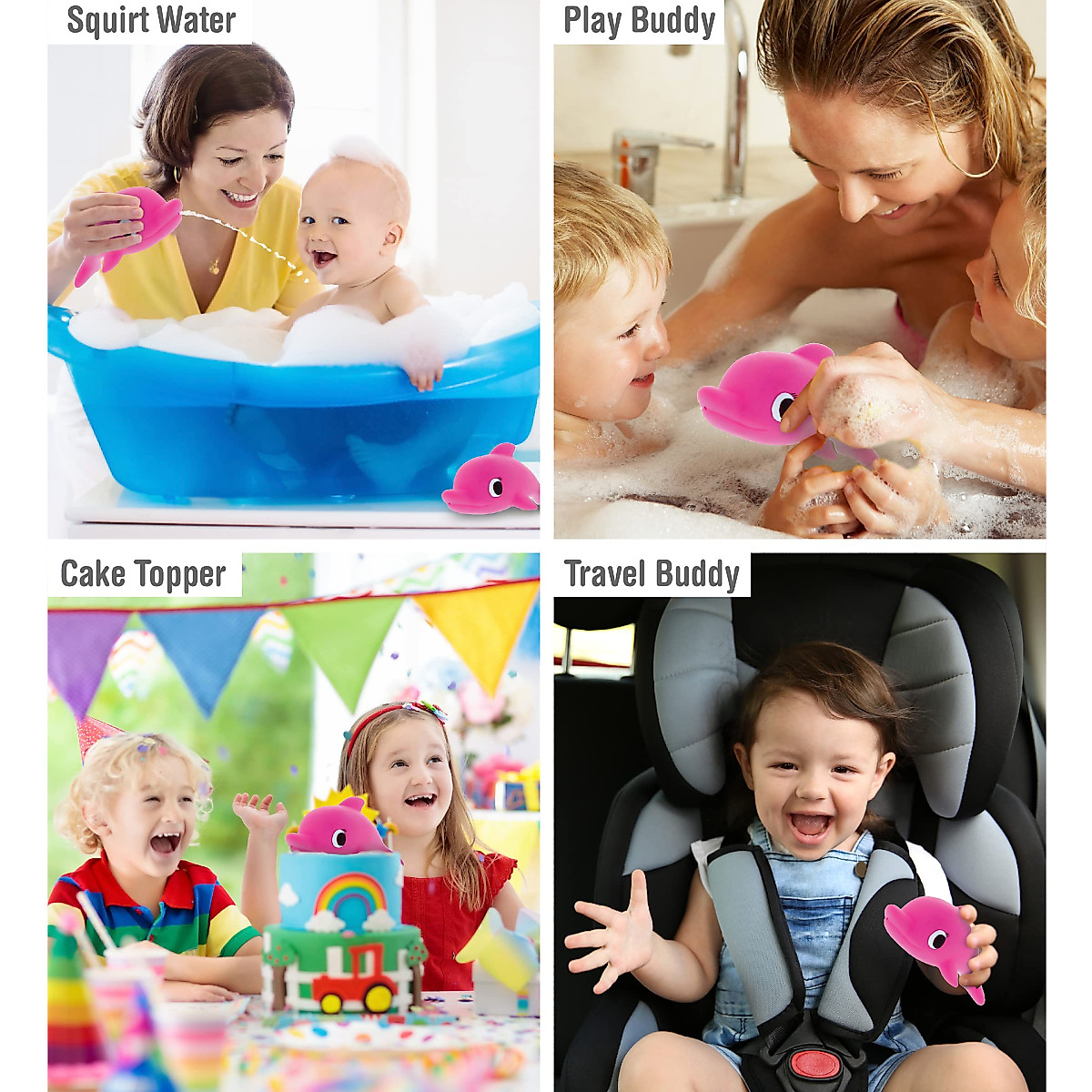DolliBu Dolphin Bath Buddy Squirter - Floating Pink Dolphin Rubber Bath Toy, Fun Water Squirting Bathtime Play for Toddlers, Cute Sea Life Animal Toy for The Bathtub, Beach, & Pool for Girls & Boys