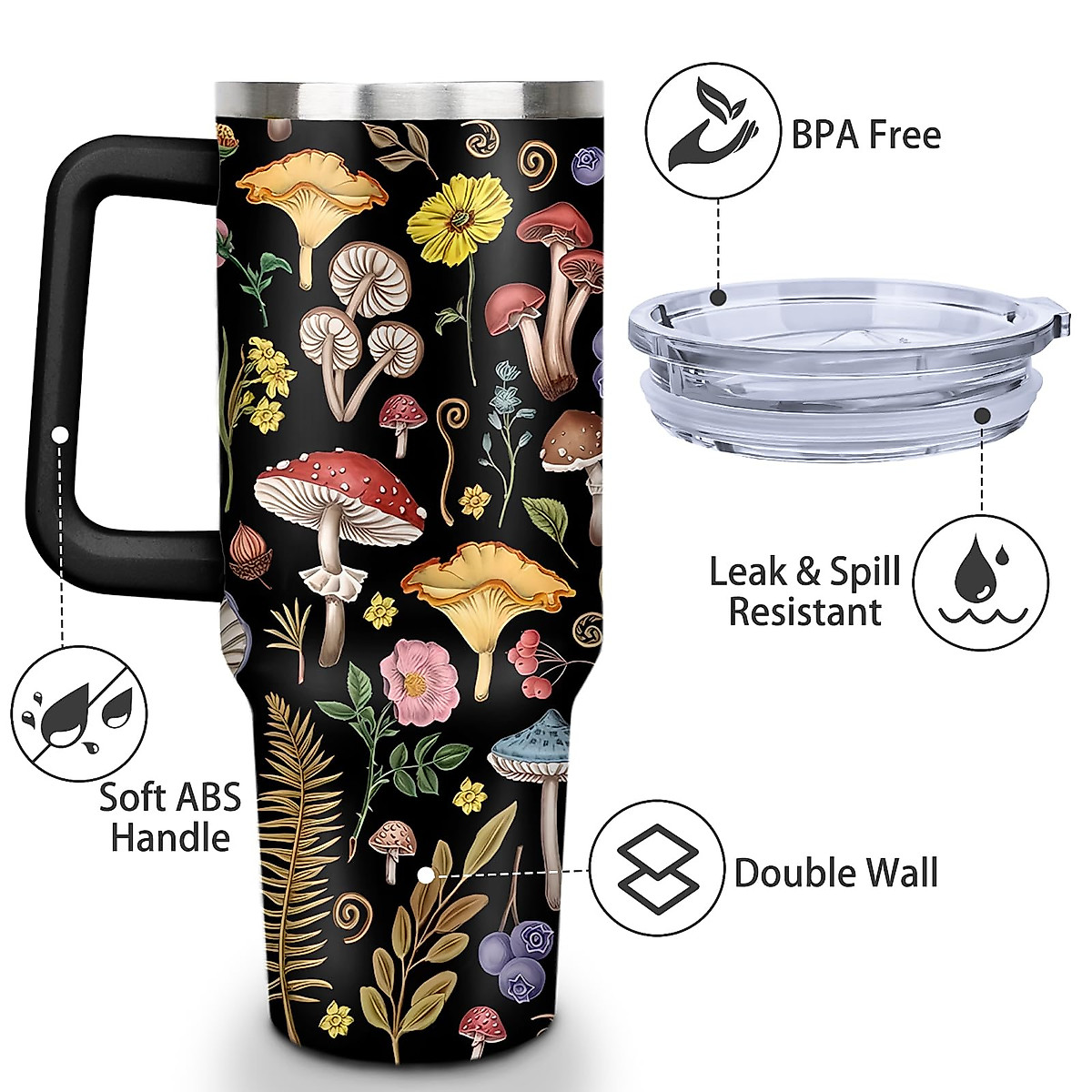 thmasamwr Mushroom Tumbler with Lid and Straw, Stainless Steel Mushroom 40oz Tumbler with Handle, Black Mushroom Travel Coffee Mug Mushroom Gifts Cups for Women and Men