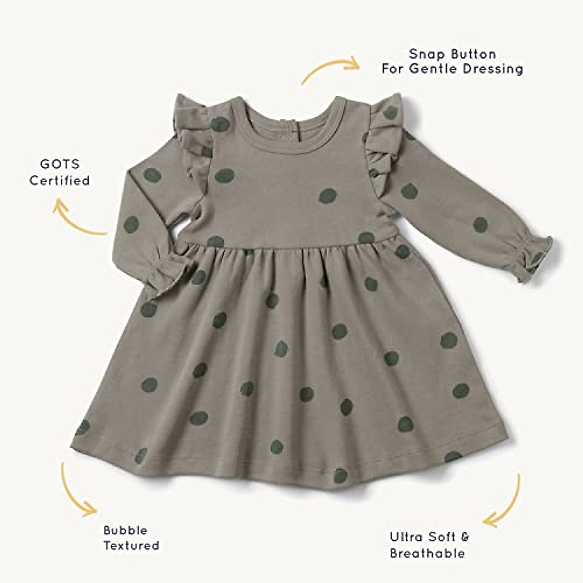 MakeMake Organics GOTS Organic Cotton Dress Girls Twirly Ruffle Dress Long Sleeve Fall Party Holiday Dinner Toddler Girls (Olive Dots, 2-3T)