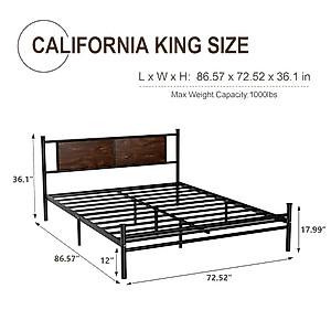 HAOARA California King Size Bed Frame with Rustic Wood Headboard, Metal Heavy Duty Platform Frame, Sturdy Steel Slat Support, No Box Spring Needed, Black