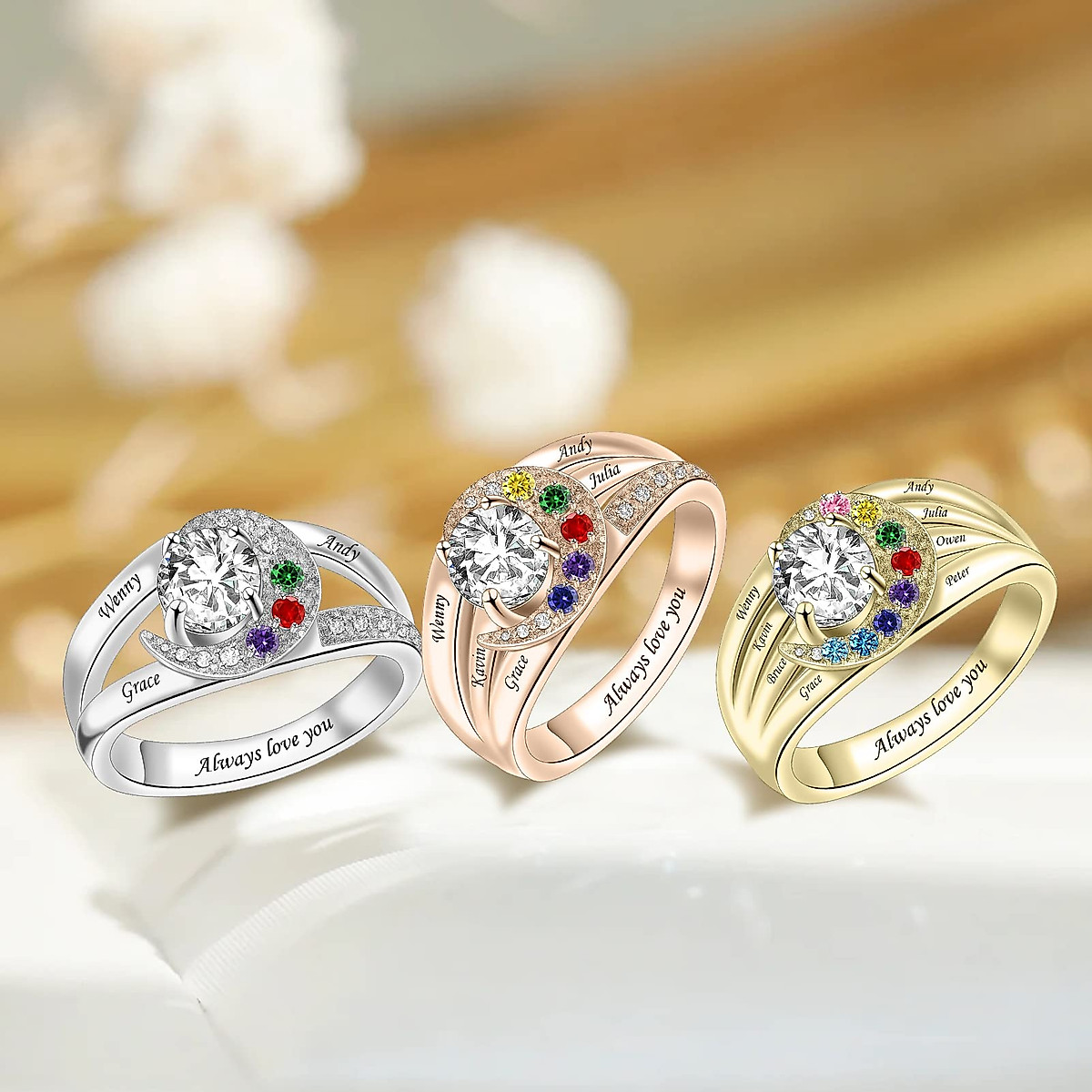 BAUMA AUTO Personalized Mothers Rings with Birthstones Custom Name Rings for Women Birthstone Family Rings for Mom Grandma Wife