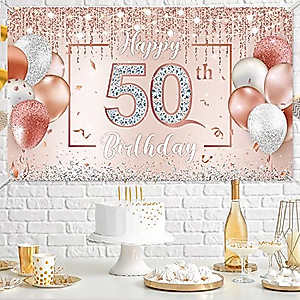 50th Birthday Backdrop Glitter Diamonds Balloons Lights Happy 50th Banner Rose Gold Pink Happy 50th Birthday Decorations for Women Anniversary Photo Booth Backdrop Cake Table Supply, 70.8 x 43.3 Inch