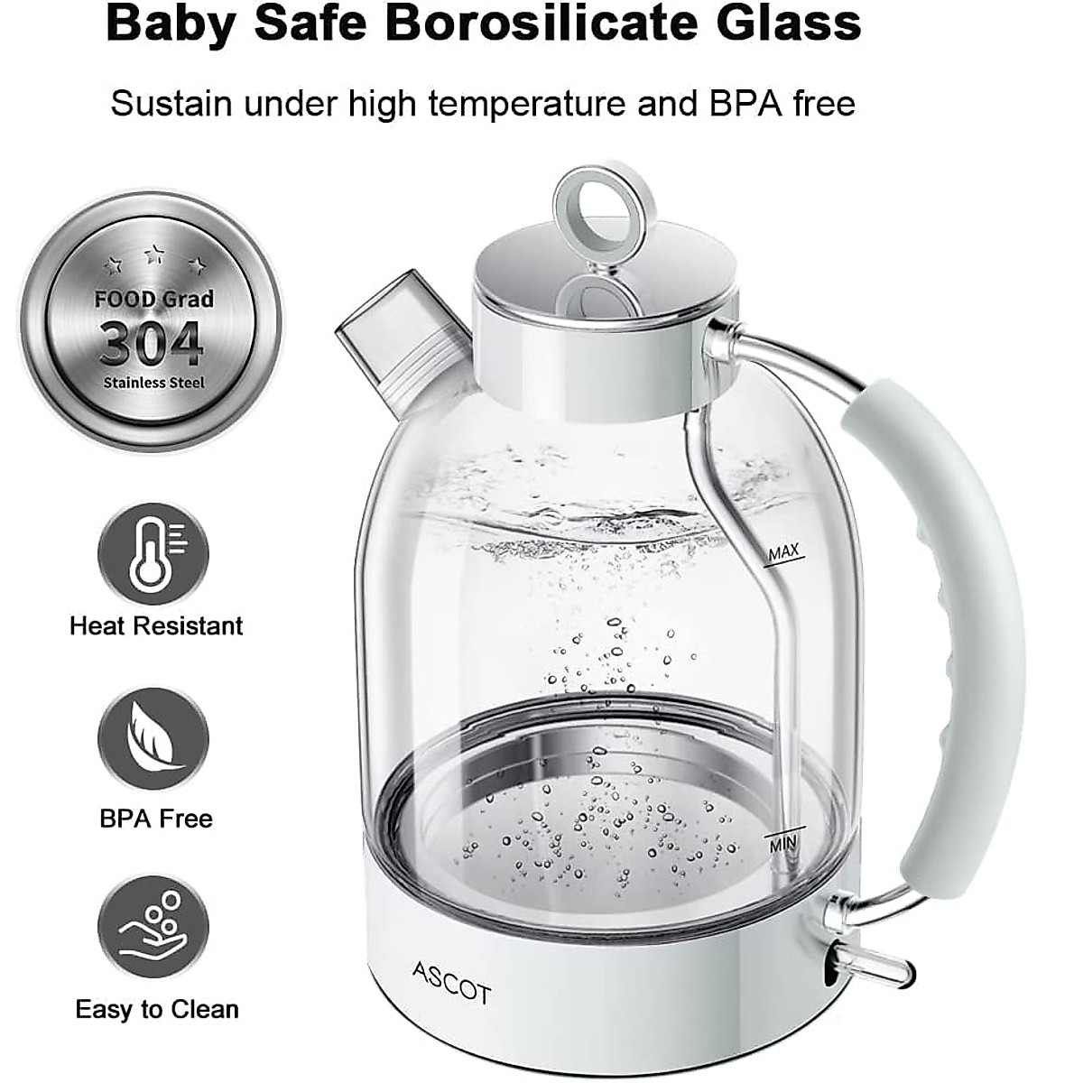 ASCOT Electric Kettle, Glass Electric Tea Kettle Gifts for Men/Women/Family 1.6L 1500W Borosilicate Glass Tea Heater, with Auto Shut-Off and Boil-Dry Protection (Polar White)