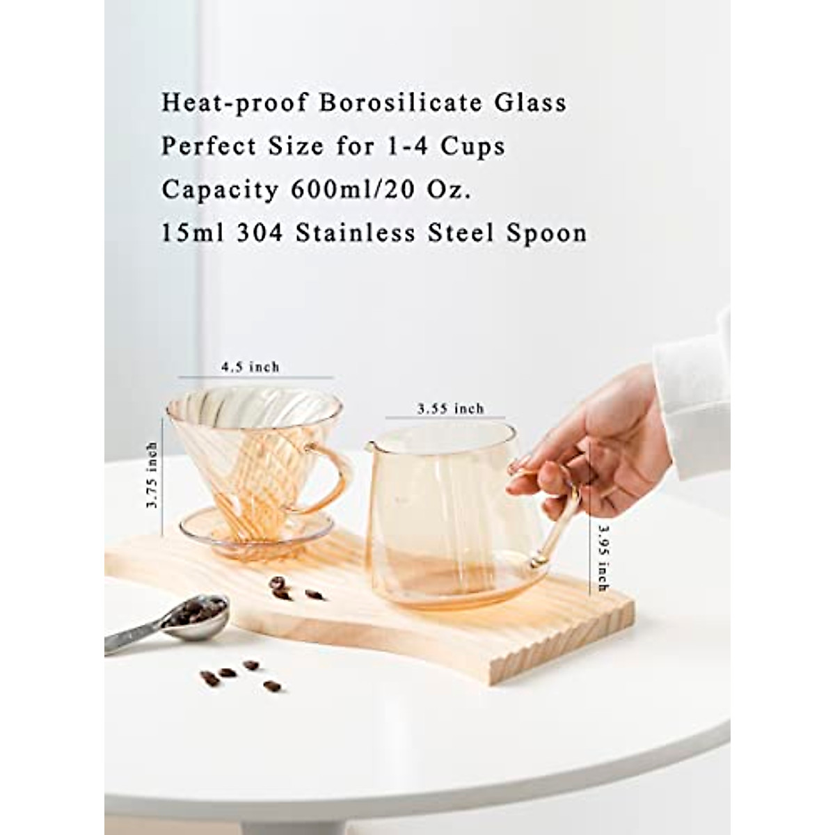 Pour Over Coffee Maker Set with Glass Dripper, 600ml 20oz V60 Coffee Server Pot, 50 Paper Filter and Spoon, Gift Kit for Coffee Lover