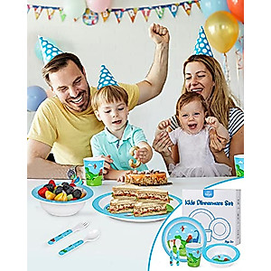Lehoo Castle Kids Plates and Bowls Sets, 5 Piece Baby Feeding Set - Includes Plate, Bowl, Cup, Fork and Spoon Utensil Flatware, Kids Dinnerware Set for Kids, Toddlers (Dinosaur)