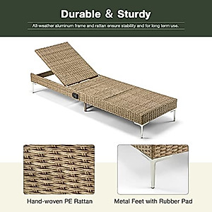 HOMREST Outdoor Chaise Lounge Chair Set of 2, Patio Wicker Lounge Chair with Pneumatic Adjustable Backrest, Rattan Pool Sunbathing Lounge Chair Suitable for Outside with Removable Cushion (Khaki)