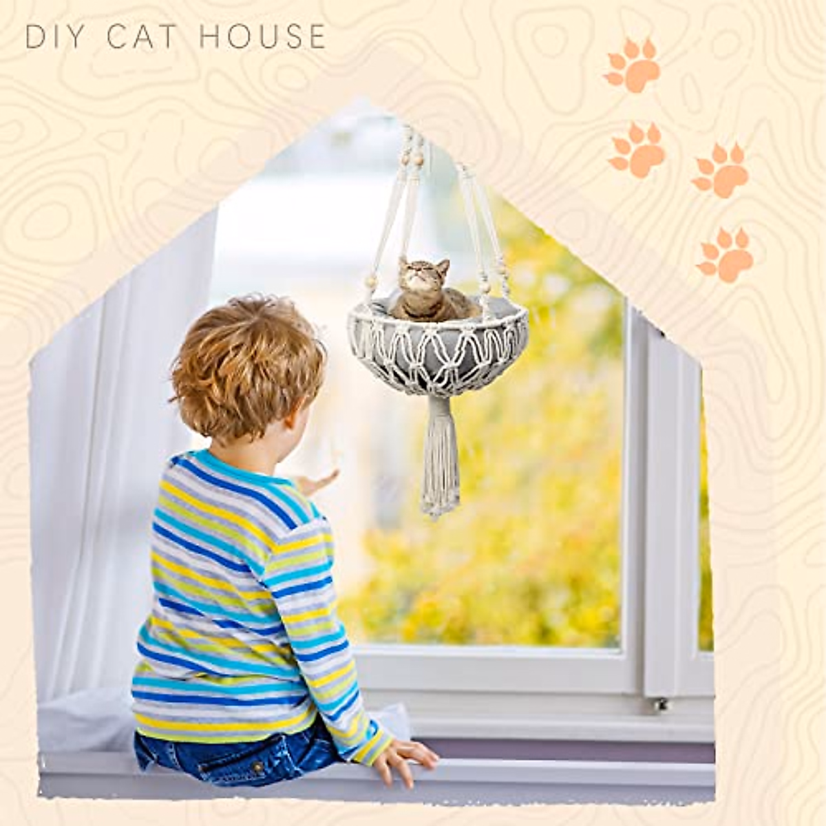 Juexica 3 Pcs Macrame Cat Hammock, Including Boho Hanging Cat Bed Cat Scratcher Cat Scratch Pad Cat Swing Hanging cat Window Perch for Cat Small Dog Sleeping Playing Climbing