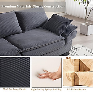 KIVENJAJA Corduroy Small Sectional Cloud Couch, Modern Comfy 3 Seater Sofa Oversized Loveseat with 2 Pillows for Living Room Apartment Bedroom Small Space, 88.6”W, Grey