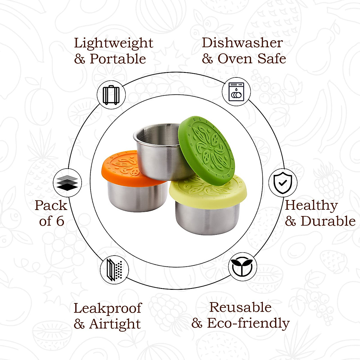 ROSSETTO FR 18/10 Stainless Steel Salad Dressing Containers, 6x1.7 oz Smal Sauce Containers with Lids, Reusable Condiment containers for Lunch Box, Dressing to Go Containers, Leakproof