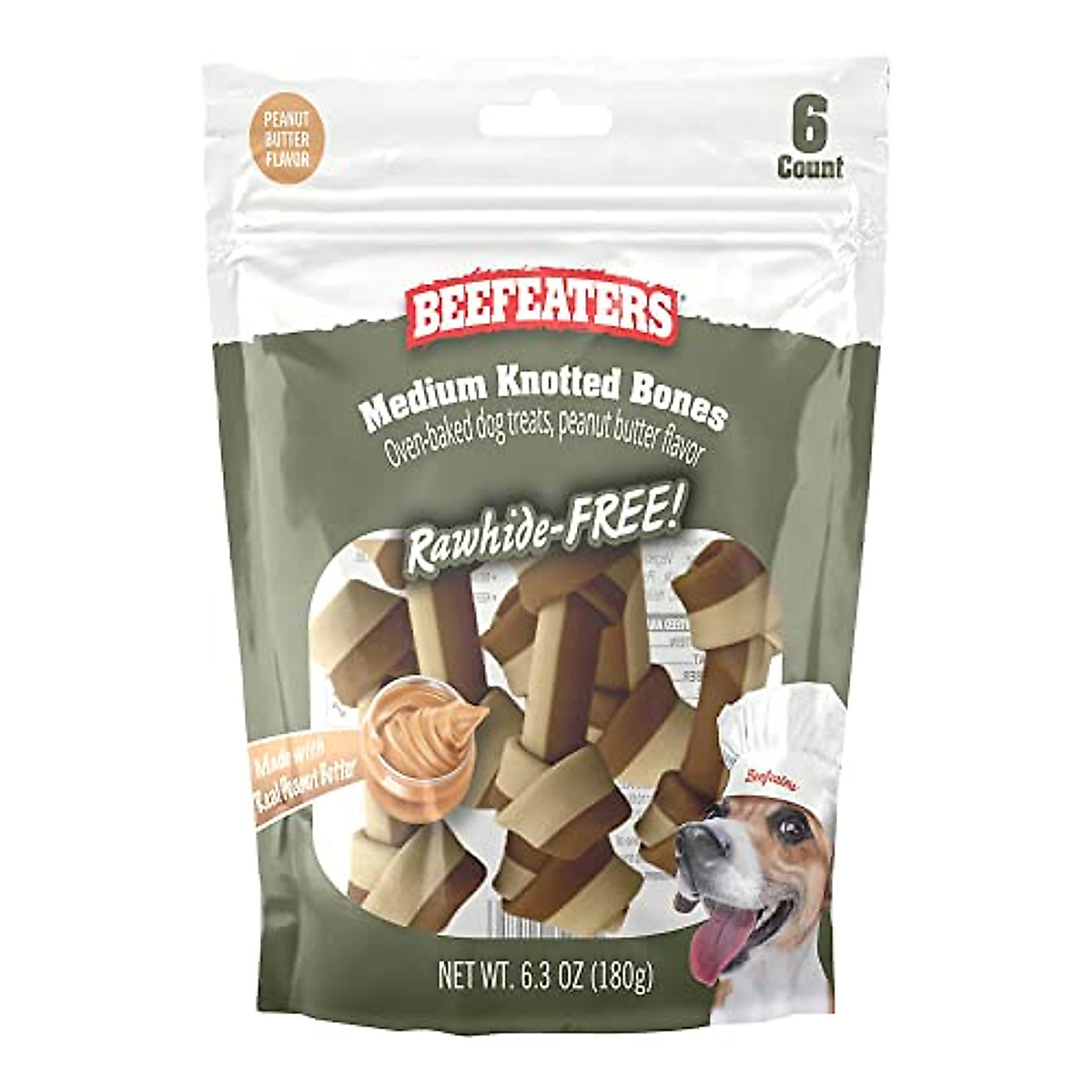Beefeaters Dog Treats - Medium Knotted Bone Peanut Butter Flavor 6ct | Rawhide Free Dog Food | Real Chicken No Artificial Flavor | Digestion-Friendly, Cleans Teeth | Training Treat for All Dog Sizes
