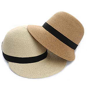 Summer Visor Hats for Women Foldable Floppy Solid Color Straw Sun Hat Travel Beach Baseball Cap (Khaki)