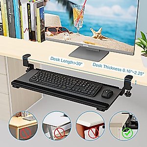 EQEY Keyboard Tray Under Desk Slide,Clamp On Keyboard Tray Under Desk Keyboard Tray Slide Out with Sturdy C-Clamp Mount & Wrist Support Pad Keyboard Drawer for Desk (26 x 10 inch) Grey