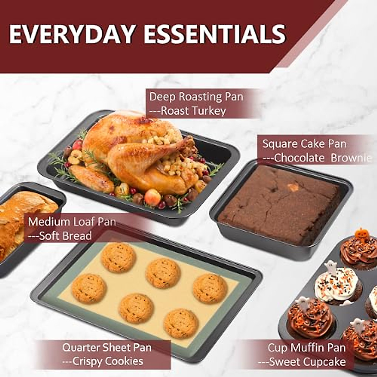 LINKLIFE Non Stick Baking Pans Set 5+1 Piece, Carbon Steel Bakeware Sets w/Oven Mat, Square Cake Pan, Cookie Sheet, Deep Roasting Pan, XL Cup Muffin, Deep Roasting Pan, Loaf Box