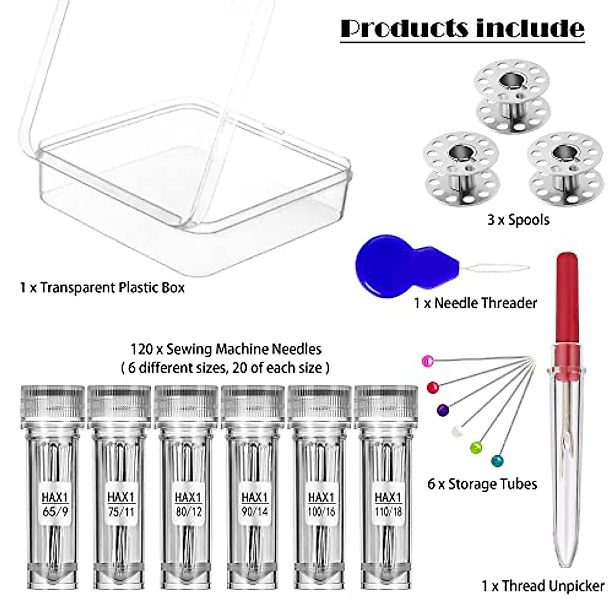 120Pcs Sewing Machine Needles Set Universal Standard Needle for Singer, Brother, Janome, Varmax, Home Sewing Machines Needles in Size HAX1 65/9, 75/11, 80/12, 90/14, 100/16, 110/18