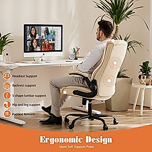 Sweetcrispy Home Office Chair, Ergonomic High Back Heavy Duty Task Chair with Flip-up Arms, PU Leather, Adjustable Swivel Rolling Chair with Wheels, Cream
