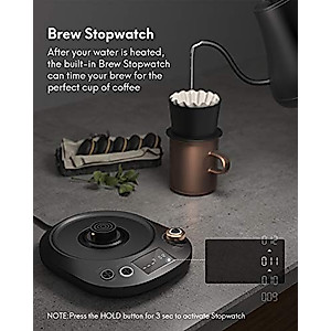 Gooseneck Kettle Temperature Control, Pour Over Electric Kettle for Coffee and Tea, 100% Stainless Steel Inner, 1200W Rapid Heating, 0.8L, Built-in Stopwatch, Matte Black
