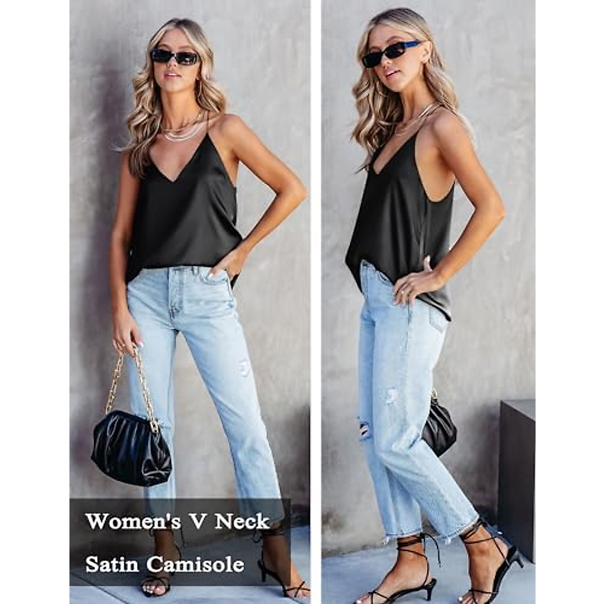 Ekouaer Womens Satin Tank Tops 2 Pack Silky Camisole V Neck Spaghetti Strap Blouses Sleeveless Cami Shirt White/Black X-Large