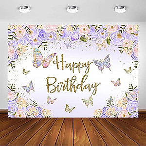 Avezano Purple Butterfly Birthday Backdrop for Girl's Purple Peach Floral Pastel Butterflies Birthday Background Pink Lilac Purple Gold Wishes and Butterfly Kisses Party Decorations Photoshoot (7x5ft)