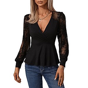 SweatyRocks Women's Floral Lace Long Sleeve V Neck Wrap Top Flare Hem Peplum Blouse Black S