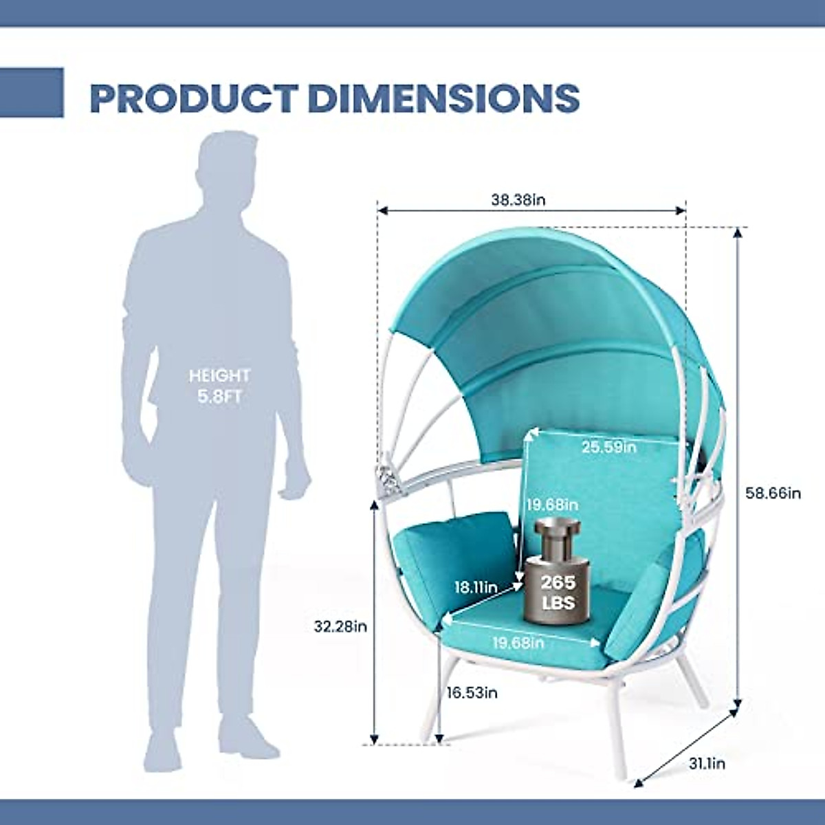 Pellebant Egg Chair with Folding Canopy, Aluminum Lounge Chair with 4 Soft Deep Cushion, Indoor Outdoor Lounger for Patio, Backyard, Living Room, 265lb Capacity Blue