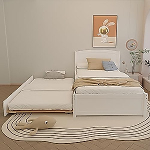 Xilingol Trundle Bed Twin, Solid Wood Bed Frames with Headboard and Wooden Slats Support, Twin Trundle Bed Frame Roll Out, Single Box Bed (No Box Spring Needed), White