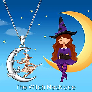YFN Witch Necklace for Women Sterling Silver Cat Witch Hanging on Broom Witch Jewelry Gifts for Women
