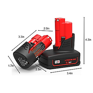 WORTHMAH Replacement for Milwaukee M12 Lithium-ion Battery 2 Packs 6.0Ah and 3.0Ah, for 48-11-2460 48-11-2440 Compatible with Milwaukee 12 Volt Cordless Tools